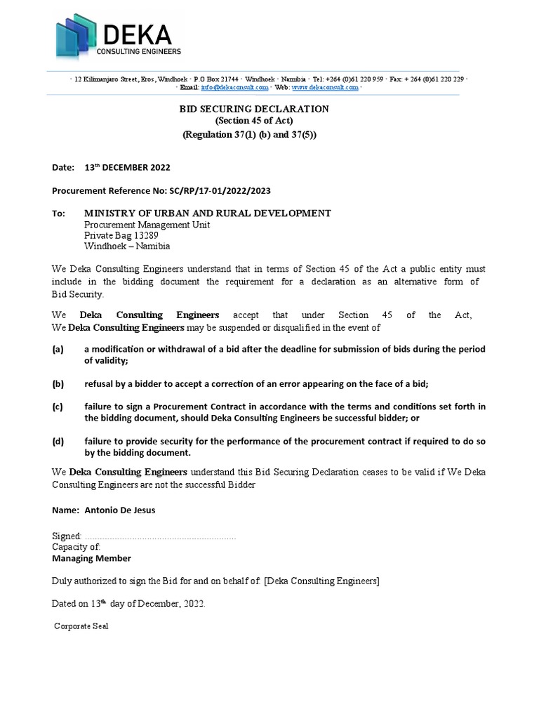 Bid Securing Declaration Template | PDF