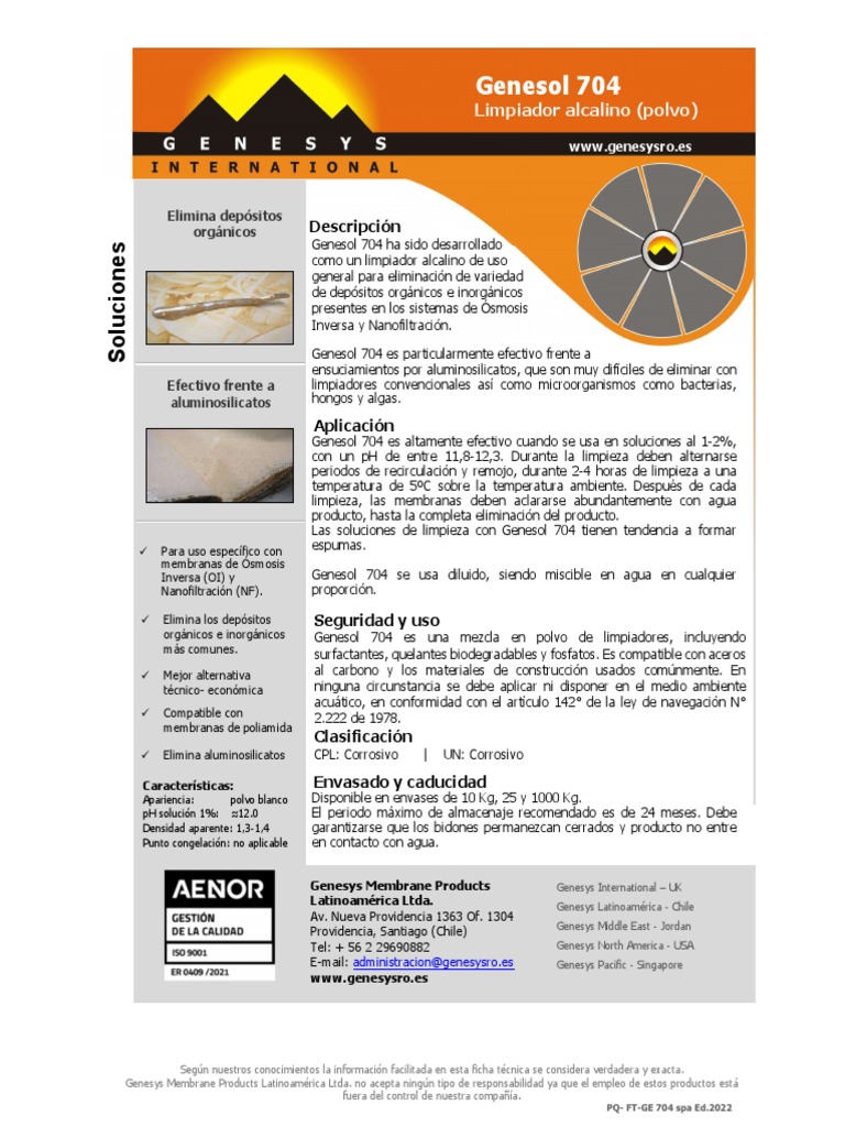 Genesol 704 Spa Ed2022 | PDF | Agua | Ósmosis