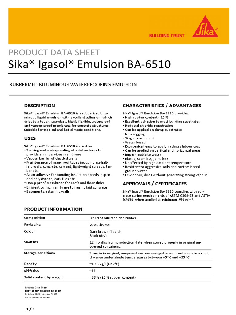 Sika Igasol Emulsionba-6510 | PDF | Concrete | Asphalt
