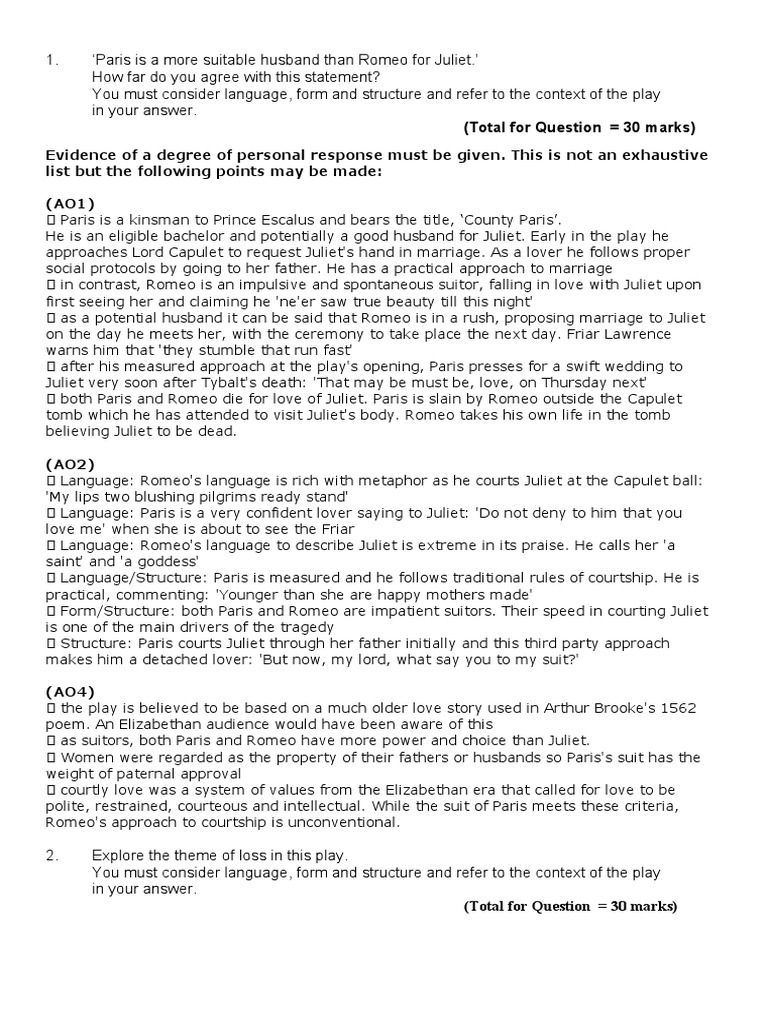 Romeo and Juliet Questions and Mark Schemes | PDF | Characters In Romeo ...