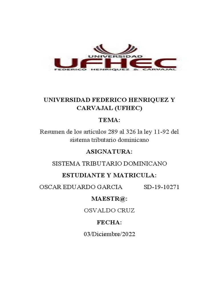 Resumen de Los Art 289 Al 326 de La Ley 11-92 | PDF | Impuestos ...