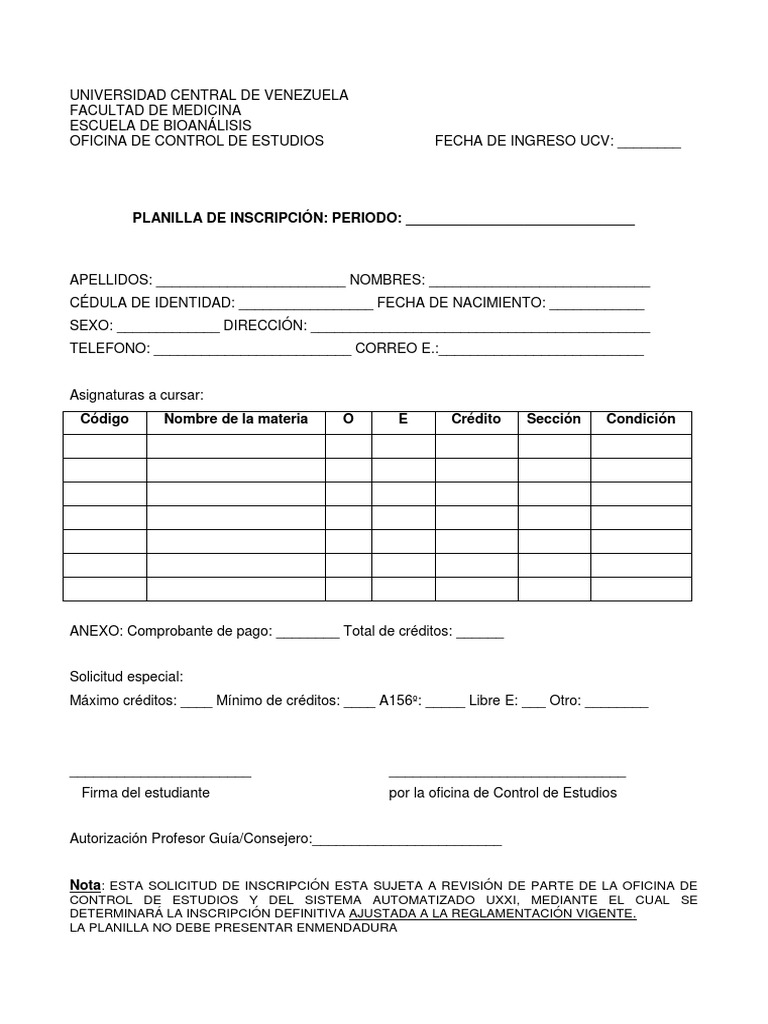 Planilla de Inscripcion EB-UCV 2022 | PDF