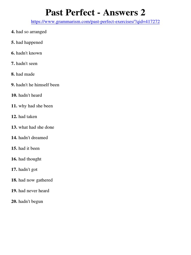 Grammarism Past Perfect Test 2 Answers 2252522 | PDF