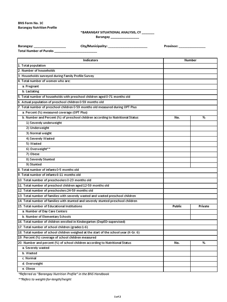 Barangay Nutrition Profile Form 1C | PDF | Body Mass Index | Preschool