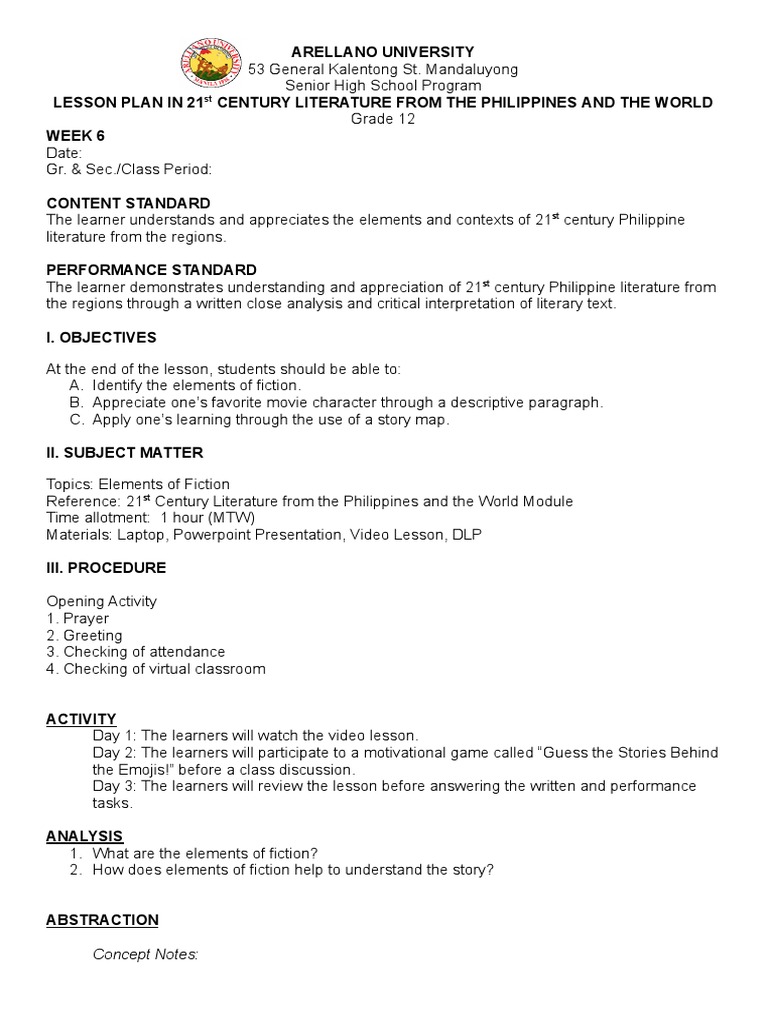 Lp-Week 6-Elements of Fiction | PDF | Narration | Learning