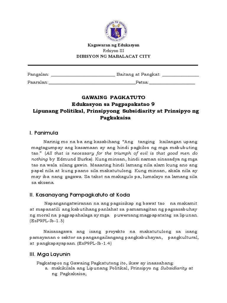 ESP-9 Q1 Wk2 Lipunang Politikal, Prinsipyo NG Subsidiarity EVALUATED | PDF