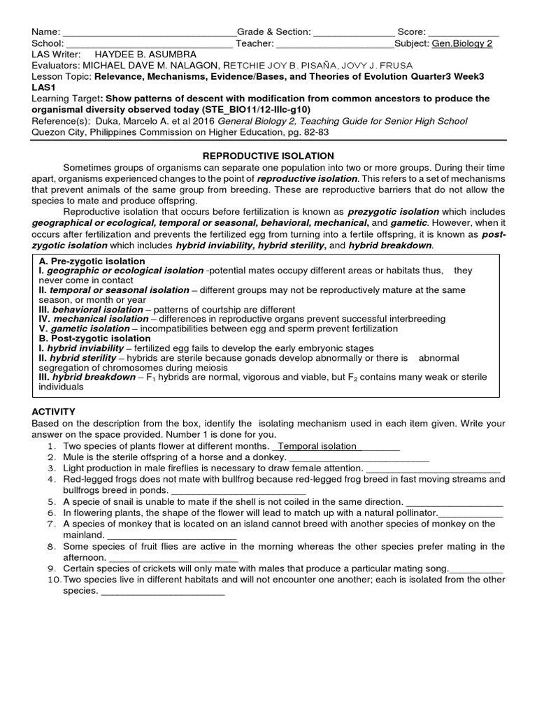 Q3 WEEK 3 LAS-1-Reproductive Isolation | PDF | Hybrid (Biology ...