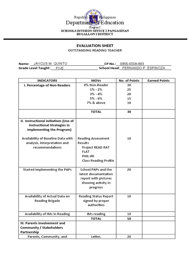 Evaluation Sheet for Reading Teachers | PDF | Cognition
