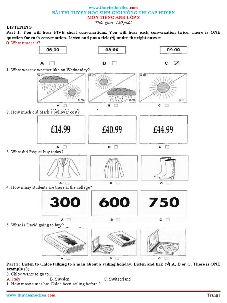 De Thi HSG Tieng Anh 8 de 8 | PDF | English Language | Adverb