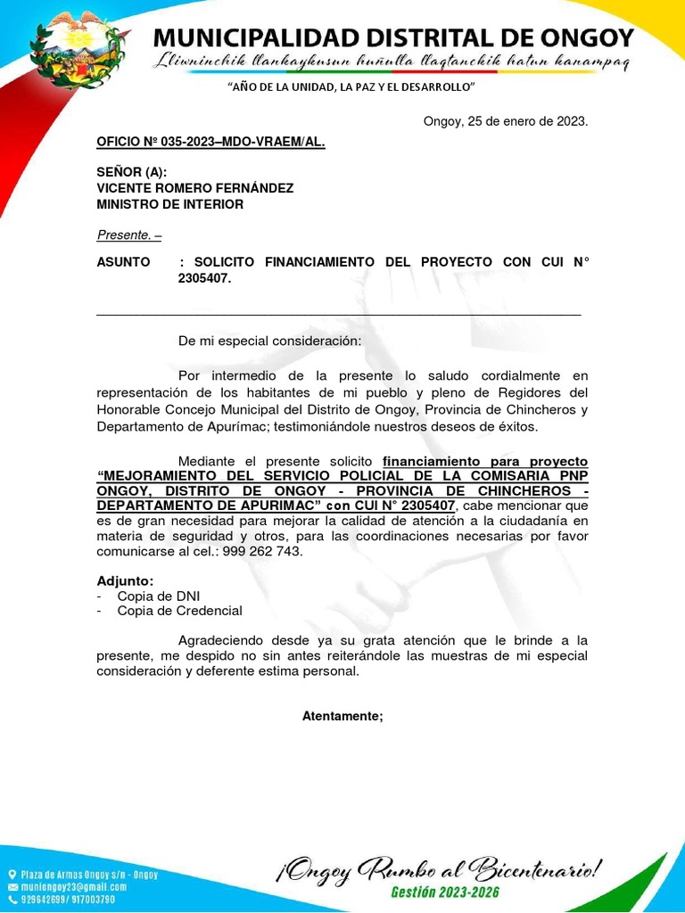 Oficio N°35-2023 - Solicito Financiamiento Del Prioyecto | PDF