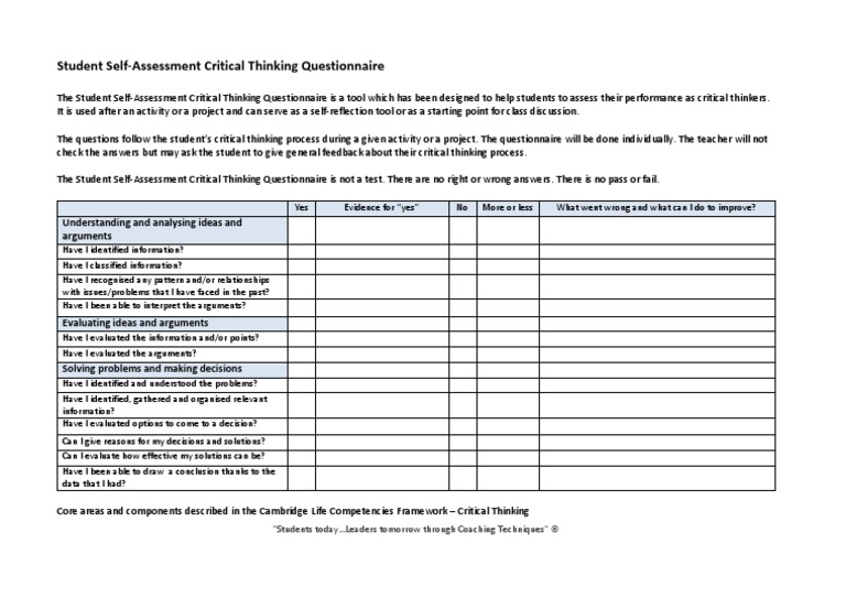 Critical Thinking Questionnaire by Palmina Rosa | PDF