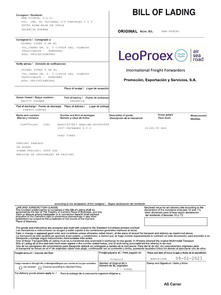 HBL 966281 | PDF | Bill Of Lading | Cargo