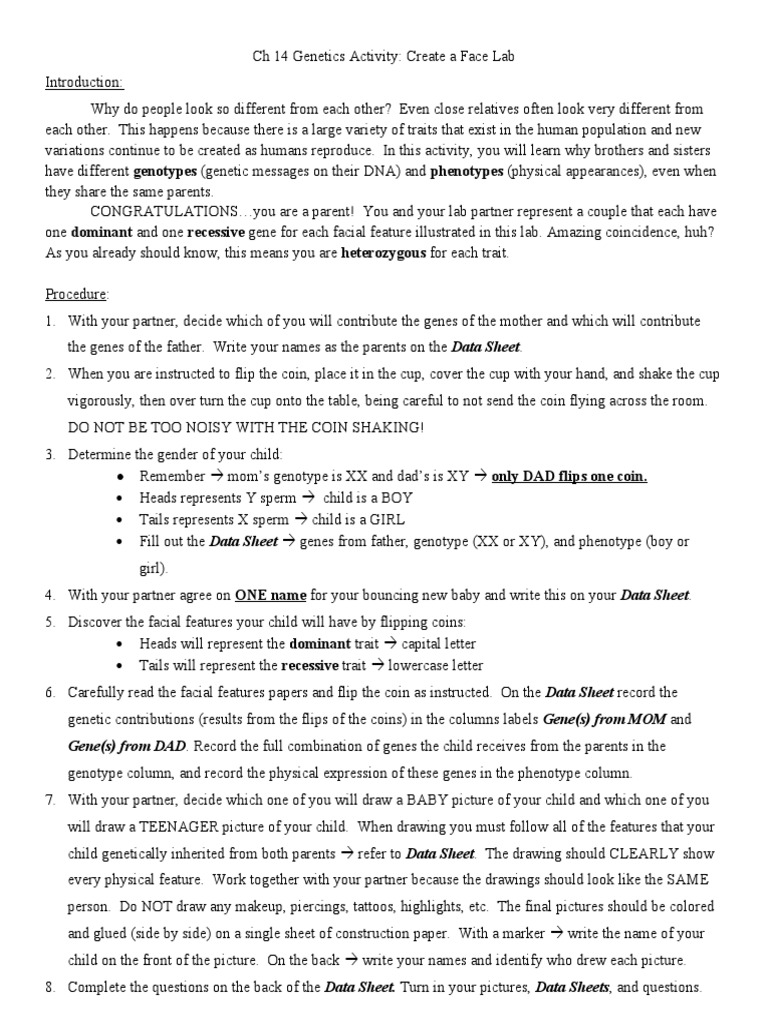 Create A Face Lab | PDF | Genotype | Dominance (Genetics)
