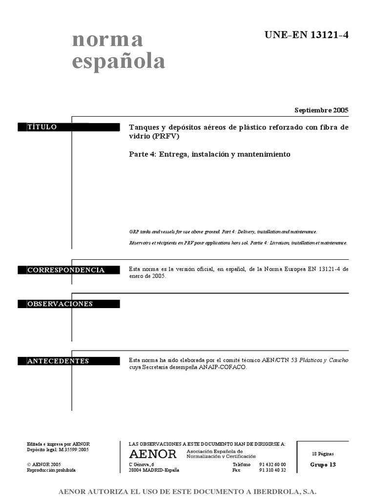 UNE-EN 13121-4 - 2005 Tanques y Depositos Aéreos PRFV | PDF | Europa ...