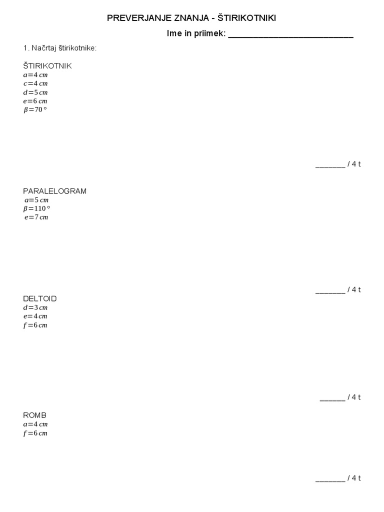 PREVERJANJE ZNANJA - Štirikotniki | PDF