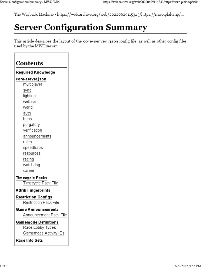 Server Configuration Summary - MWO Wiki | PDF | Boolean Data Type | Json