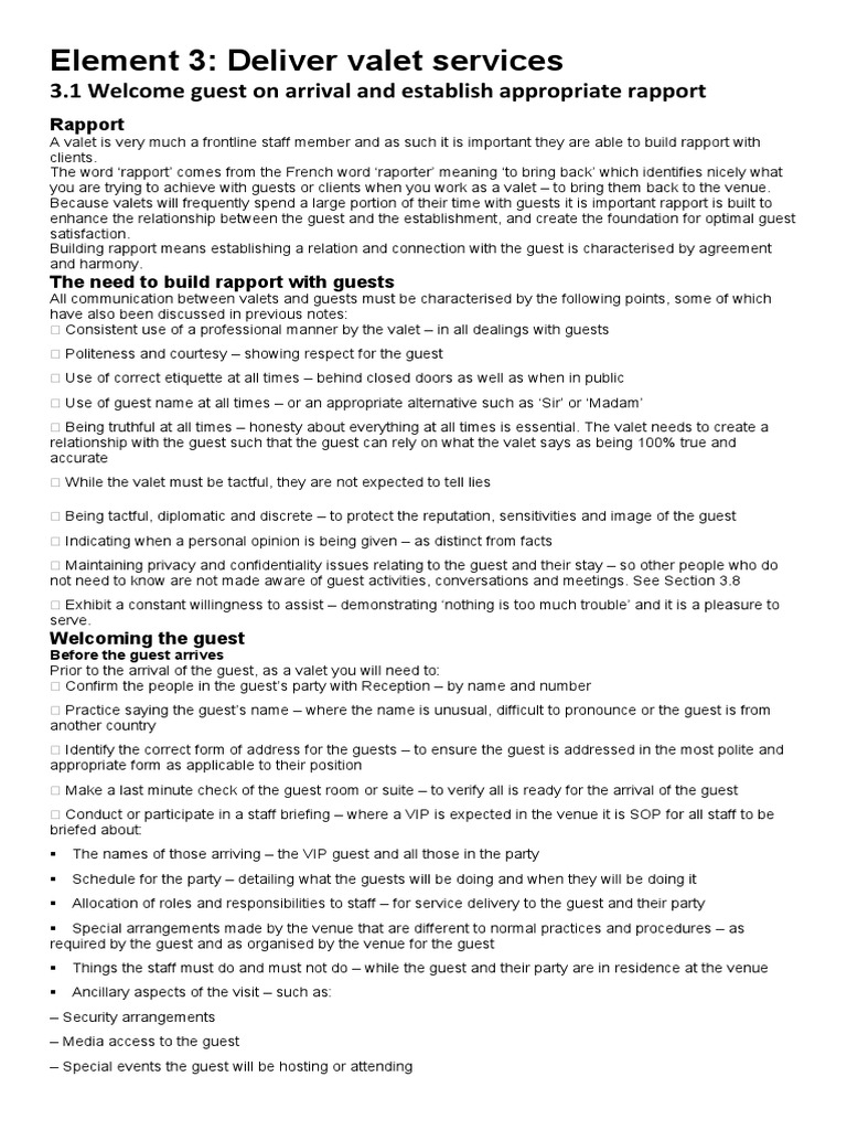 3 Provide Valet Service To Guests | PDF | Clothing | Shoe