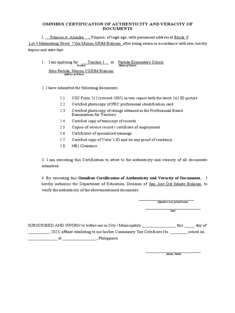Omnibus Certification of Authenticity and Veracity of Documents | PDF ...