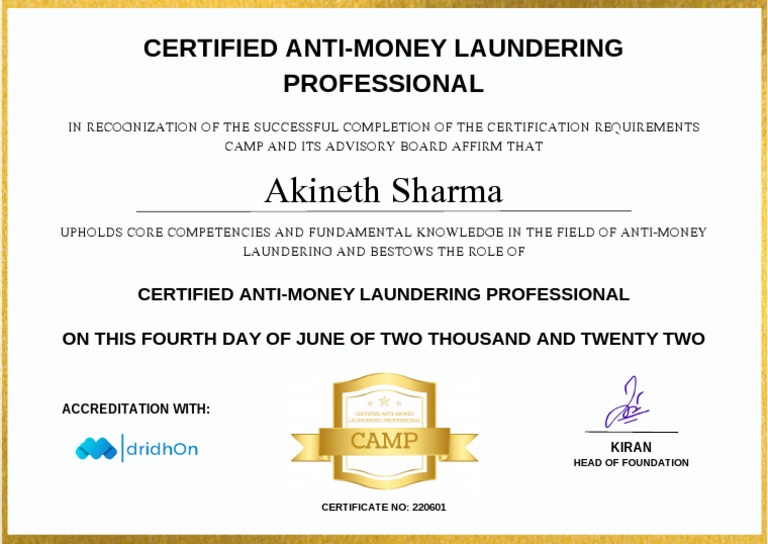 Certified Anti Money Laundering Professional Akineth Sharma 04062022 | PDF Certified Anti Money Laundering Professional Akineth Sharma 04062022 | PDF