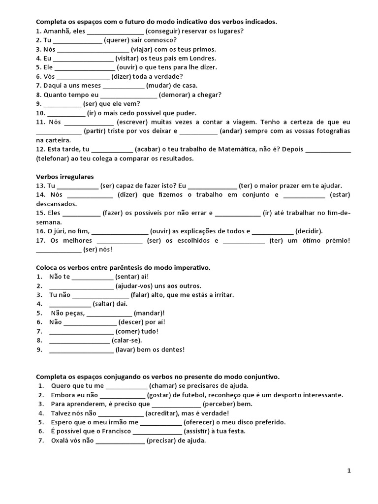 Exercícios de conjugação verbal em diferentes tempos, modos e pessoas ...