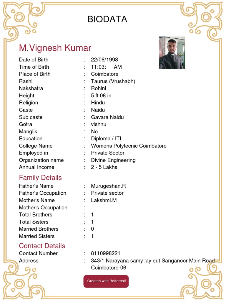 Vignesh Kumar Bio-Data | PDF | Wellness
