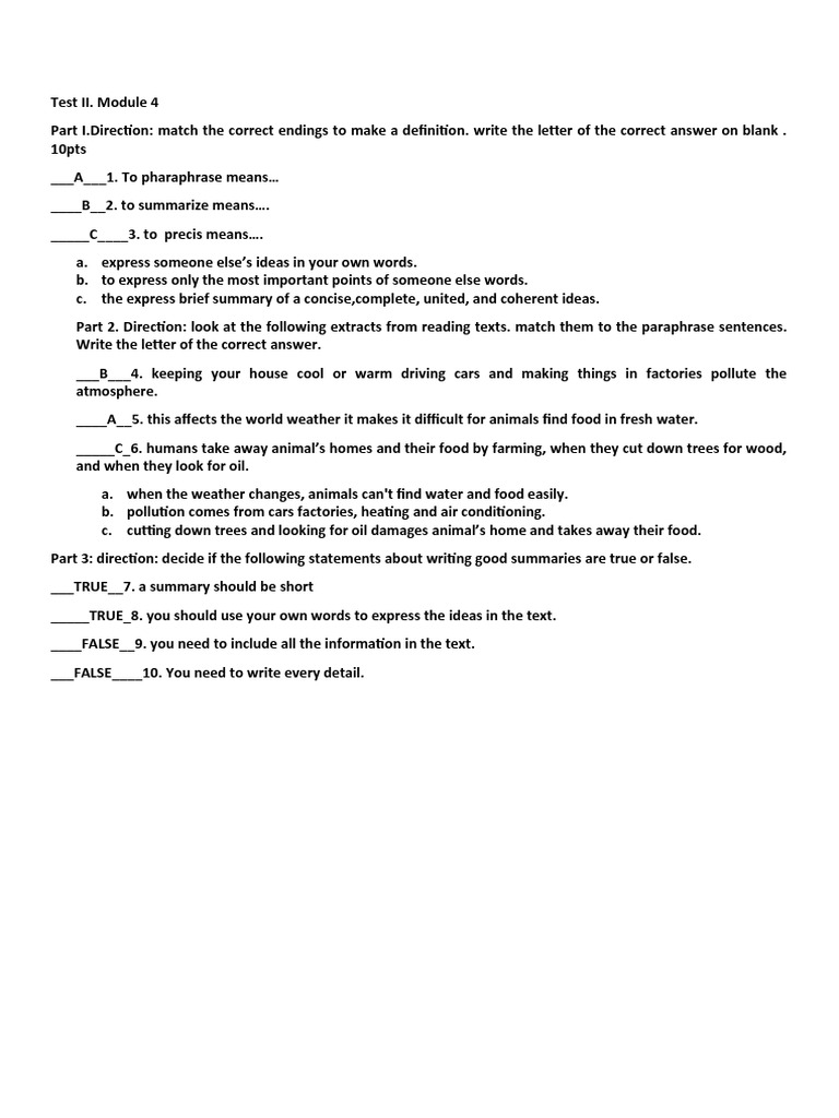Module 4 Test II - Matching Definitions, Paraphrasing, and Summarizing ...