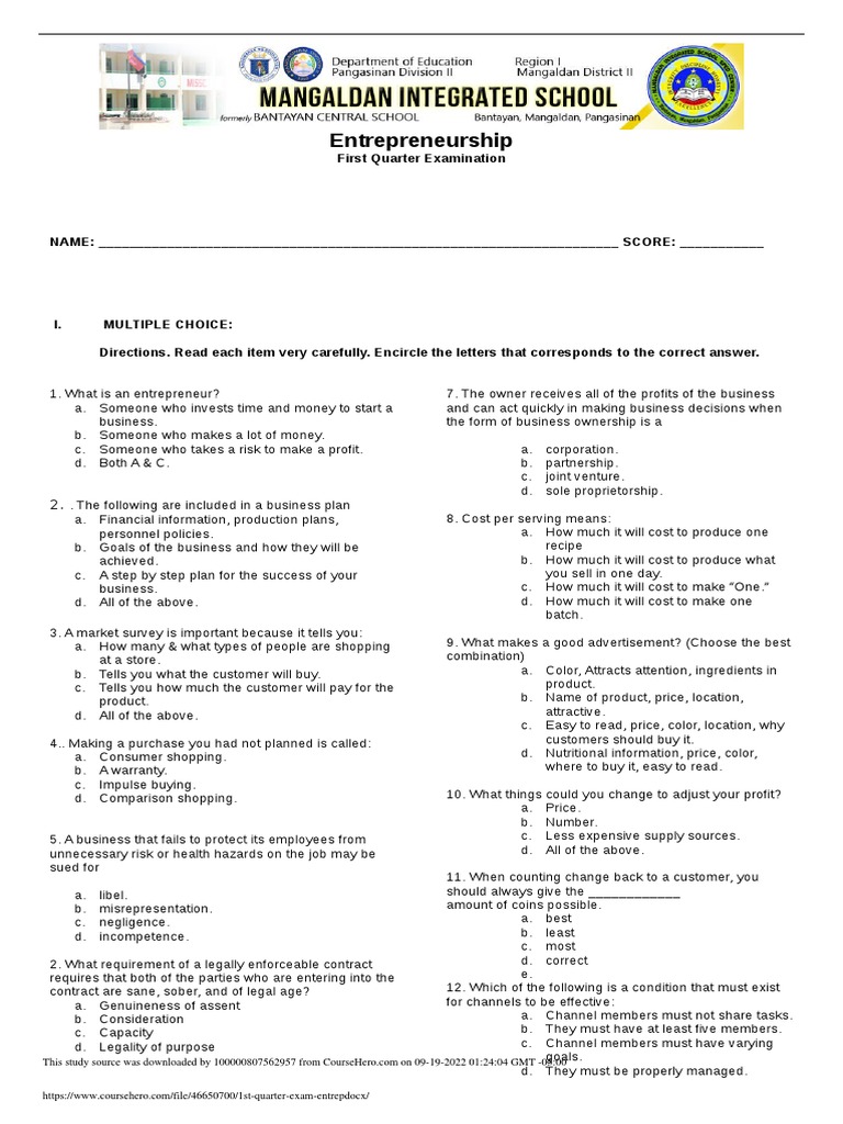 1st Quarter Exam Entrep | PDF | Expense | Entrepreneurship