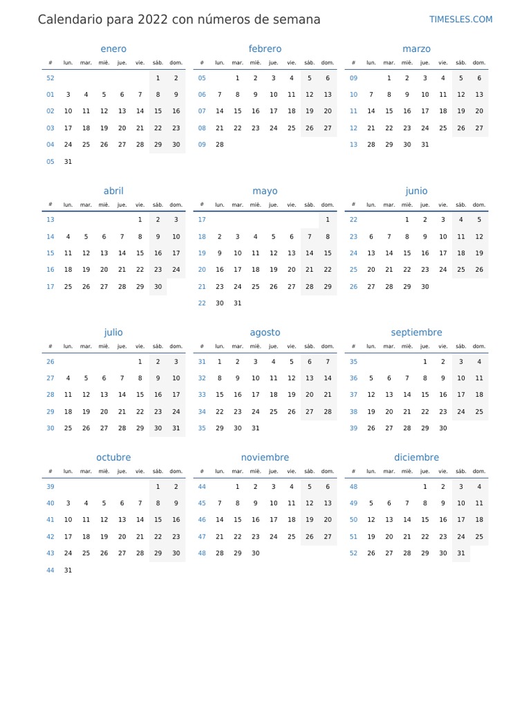 Calendario en PDF para 2022 Con Números de Semana | PDF