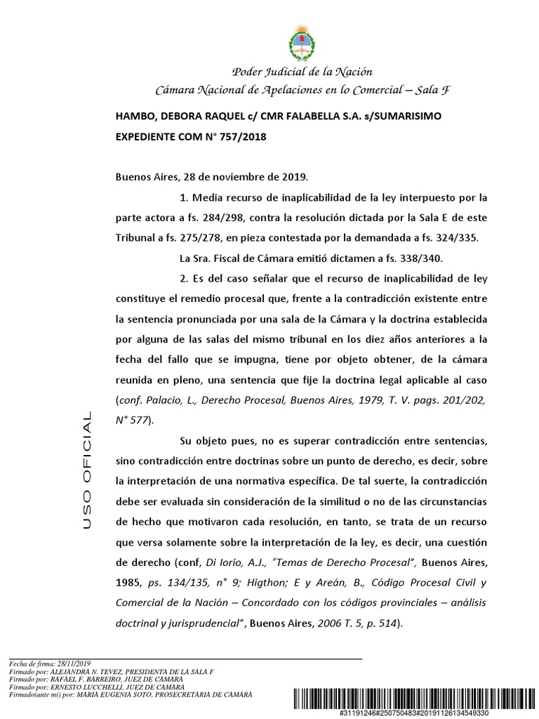 HAMBO, DEBORA RAQUEL C CMR FALABELLA S.A. S SUMARISIMO | PDF | Sentencia (ley) | Caso de ley