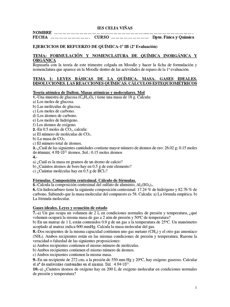 ACTIVIDADES RECUPERACIÓN 1º IB 21-22 2 Ev | PDF | Ácido clorhídrico | Gases