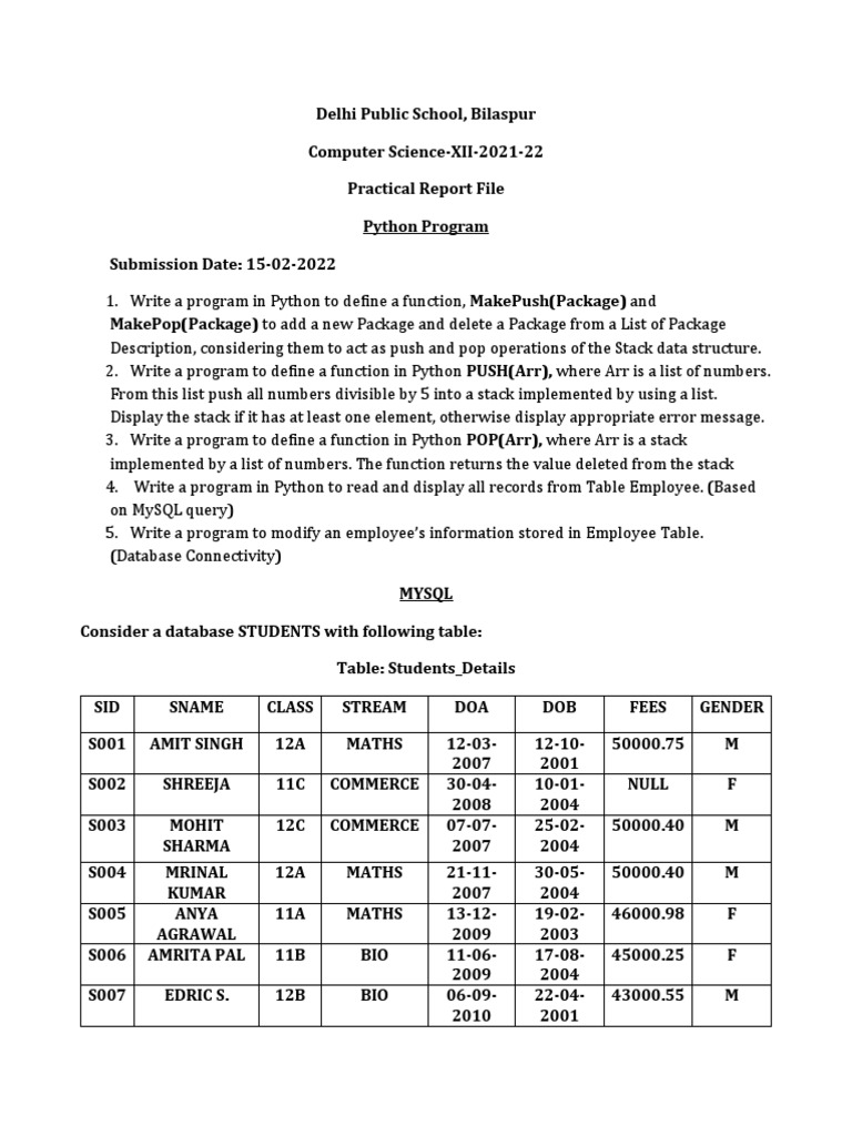 Practical Report File Programs+Mysql Queries-Term2!21!22 | PDF | Sql | Databases