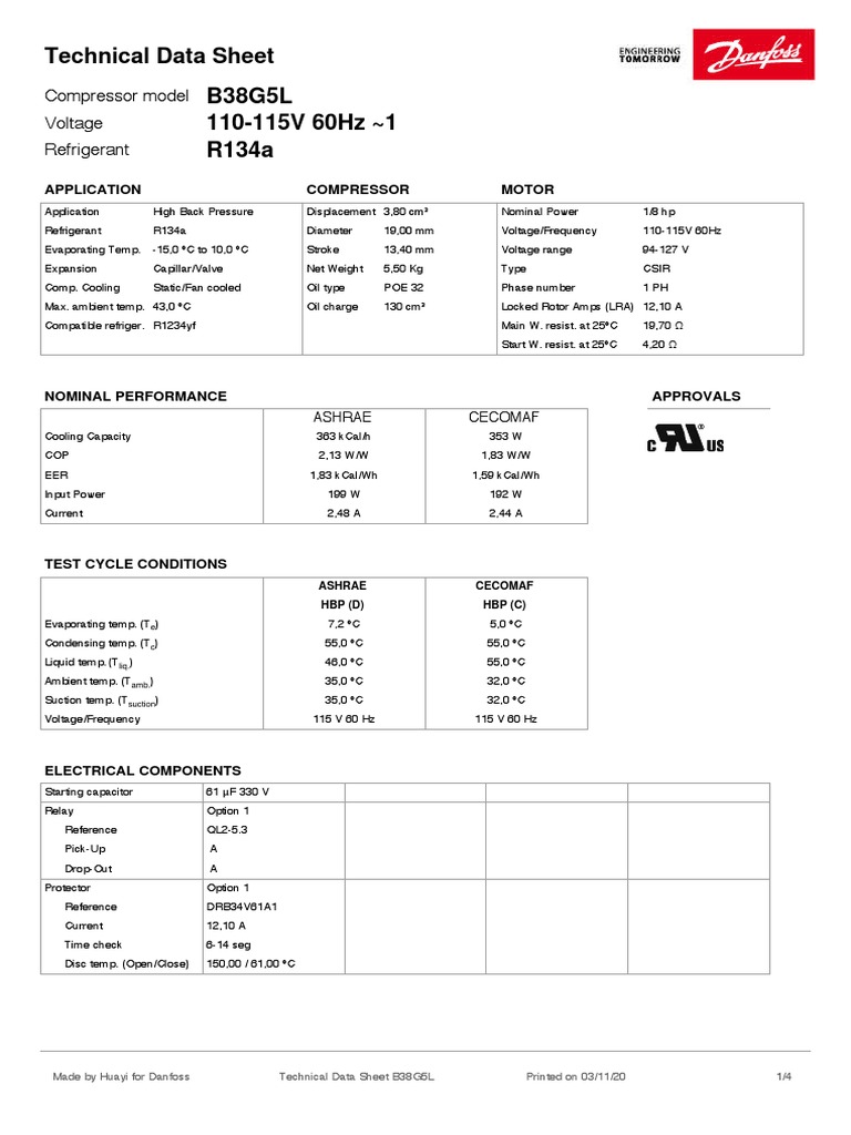 Danfoss - B38G5L - R134a - 115 - 60 | PDF | Electrical Engineering ...