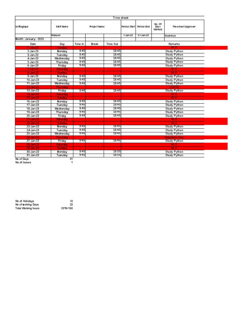 January 2023 Timesheet for Staff | PDF
