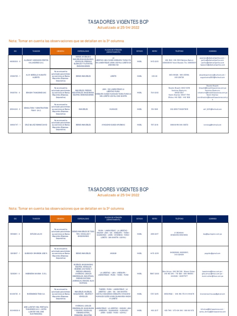 Tasadores Vigentes 2022 | PDF