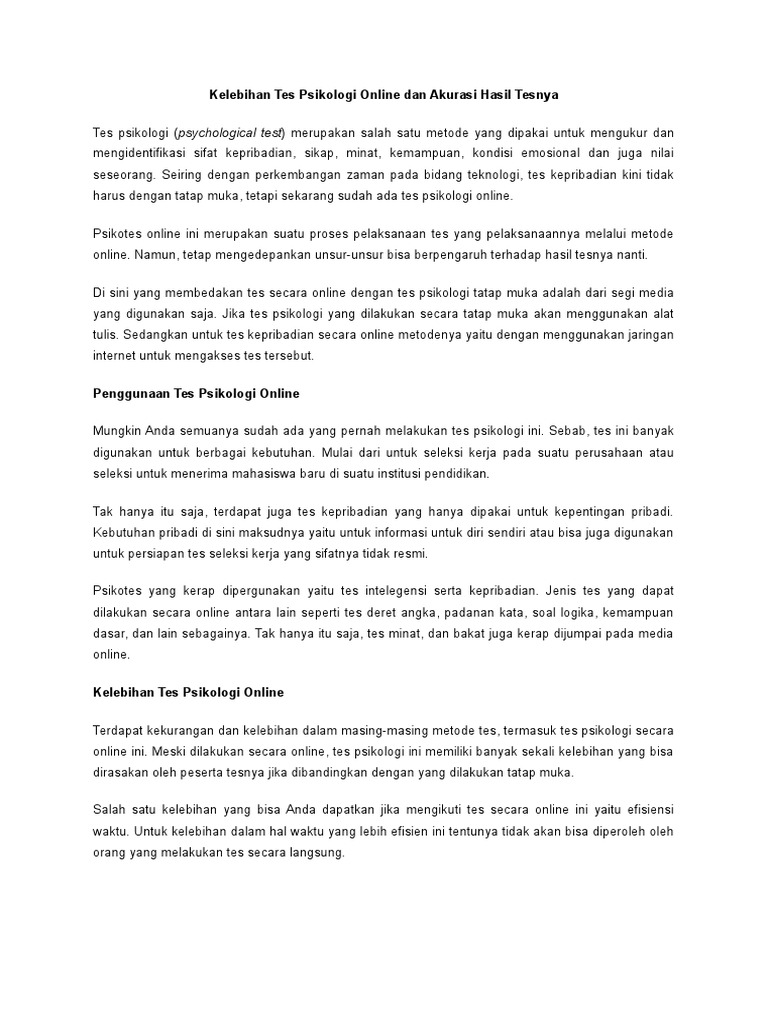 Kelebihan Tes Psikologi Online Dan Akurasi Hasil Tesnya | PDF | Karier ...