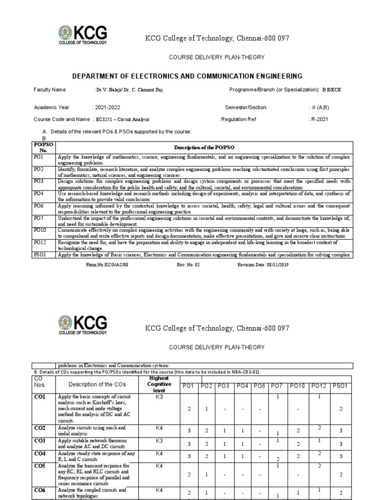 Circuit Analysis Course Delivery Plan | PDF | Electrical Network ...
