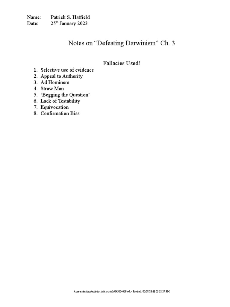 Notes On "Defeating Darwinism" Ch. 3 | PDF
