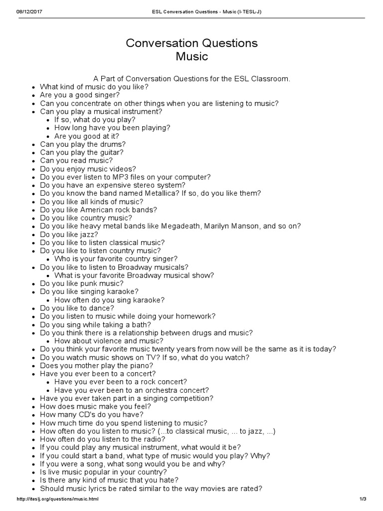 1.3 ESL Conversation Questions - Music (I-TESL-J) | PDF | Singing ...