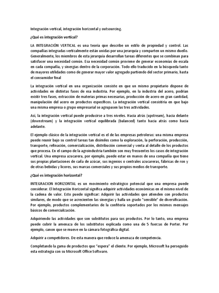 Integración Vertical, Integración Horizontal y Outsourcing. | PDF ...