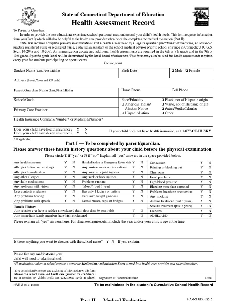 Health Assessment Record: State of Connecticut Department of Education ...