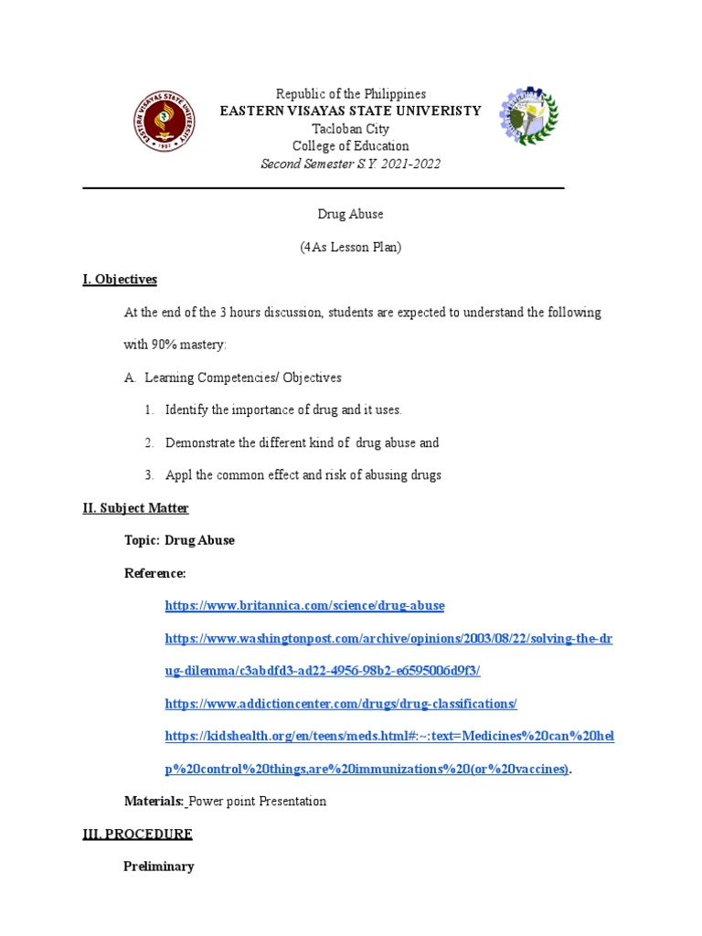 Drug Abuse Lesson Plan Overview | PDF | Teachers | Lesson Plan