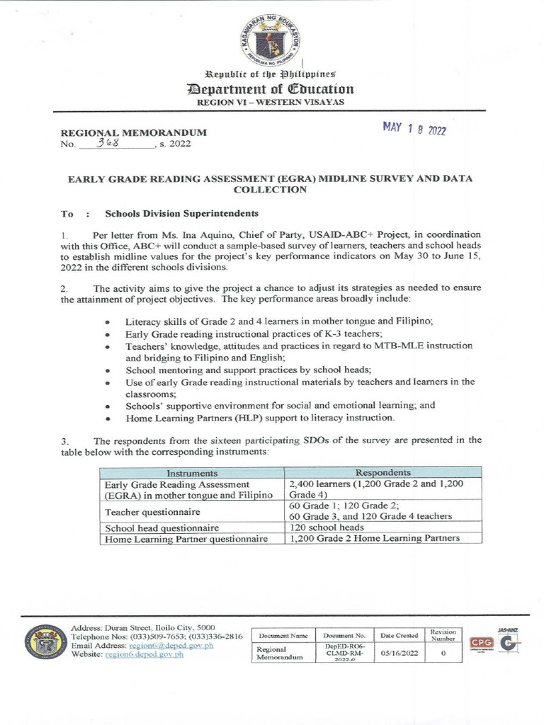 RM. No. 368 S. 2022 Early Grade Reading Assessment EGRA Midline Survey ...