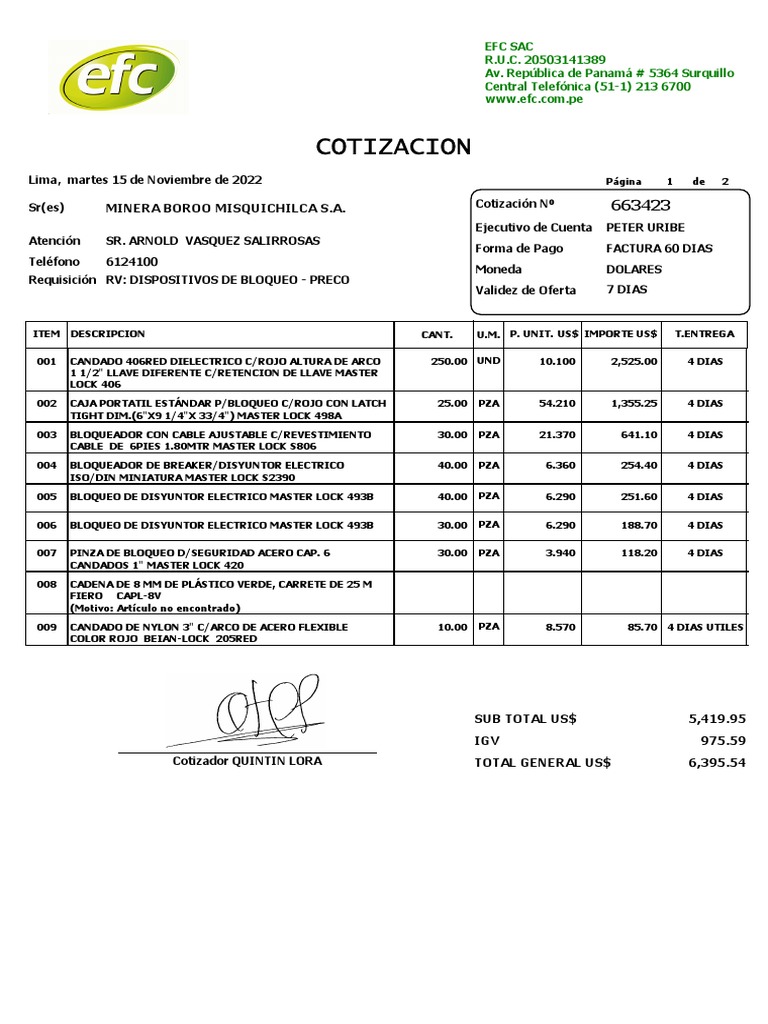 Cotizacion: Minera Boroo Misquichilca S.A | PDF