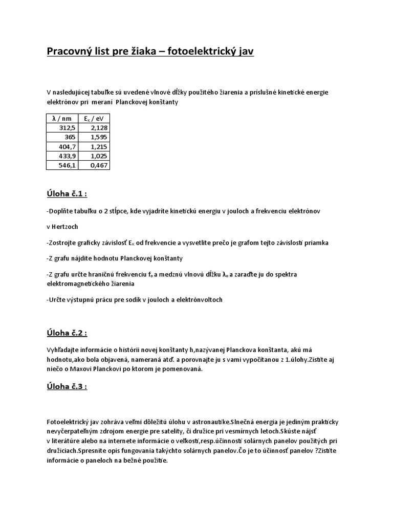 Pracovny List Pre Ziaka-Fotoefekt | PDF