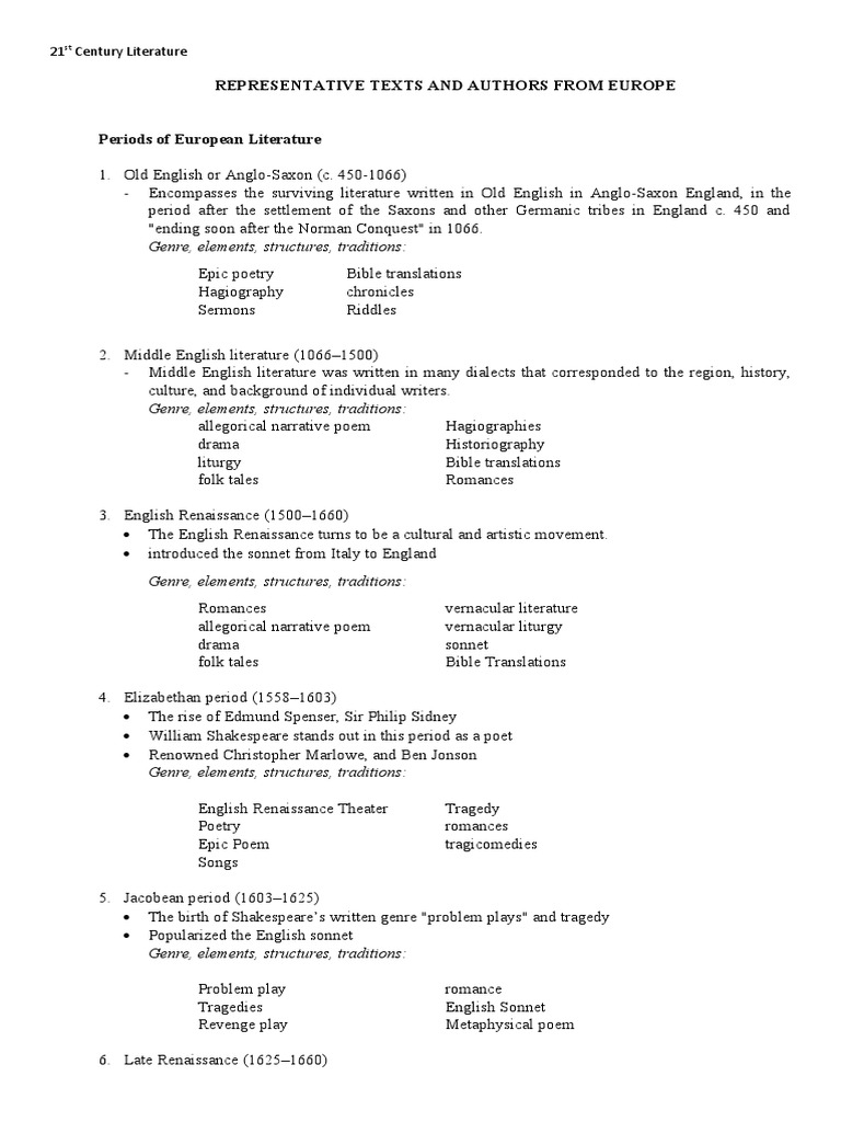 Representative Texts and Authors From Europe | PDF | English Literature ...