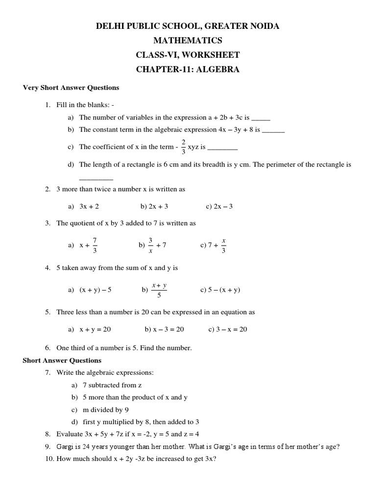 Algebraic Expressions and Equations: Worksheet with Short, Long, and ...