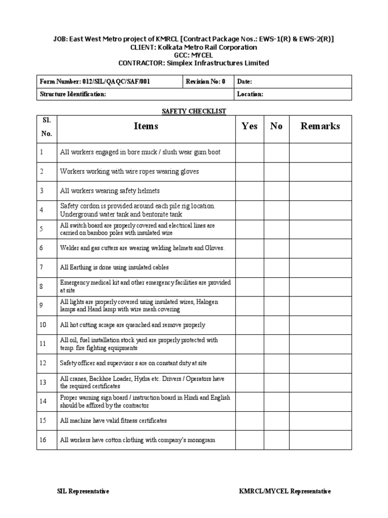 Safety Checklist - 012SILQAQCSAF001 | PDF | Business | Computers