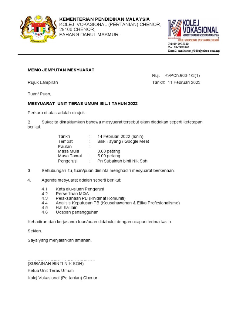 Contoh Memo Jemputan Mesyuarat 2022 | PDF