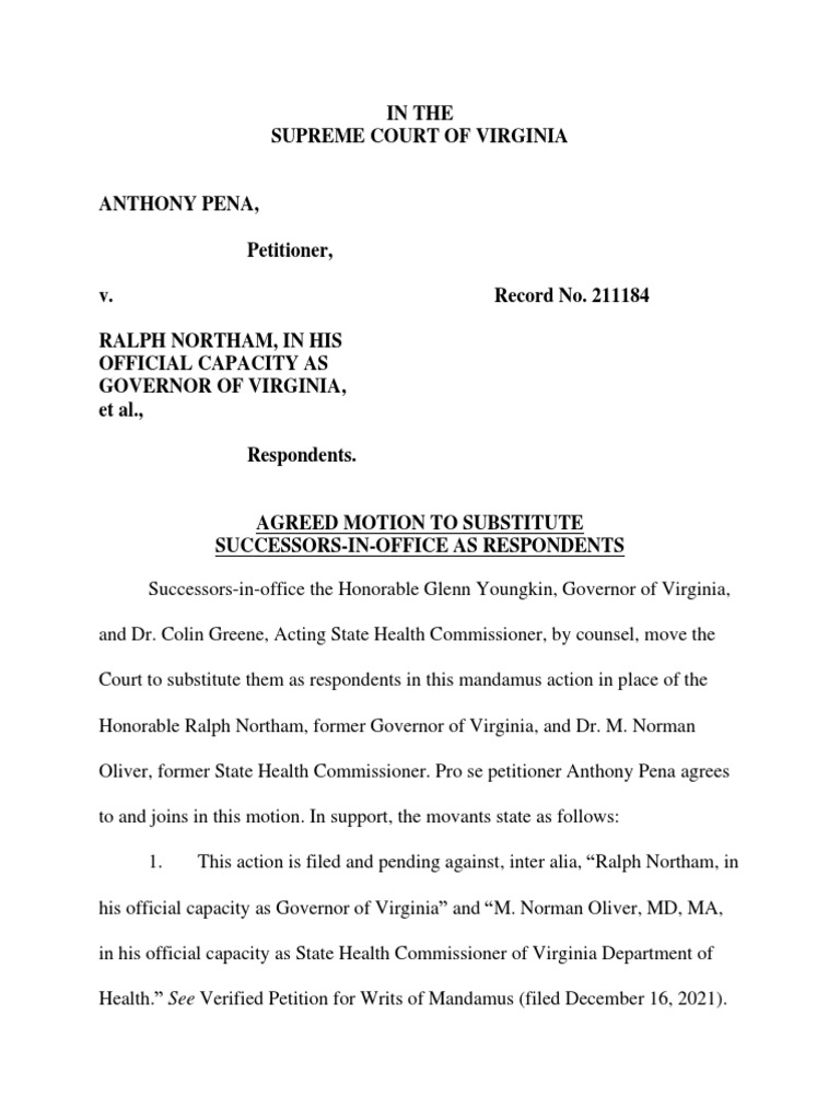 Pena V Northam, Et. Al. - Agreed Motion To Substitute Succesors-in ...