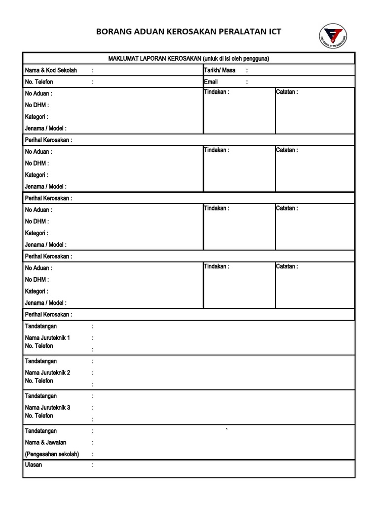 Borang Aduan Kerosakan | PDF